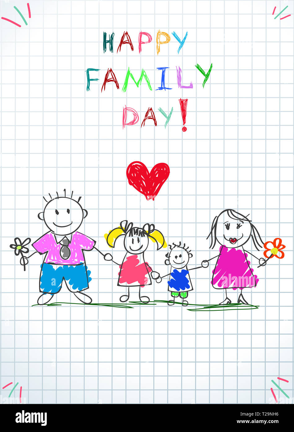 Happy Family Day Kids Doodle Picture of Little Boy and Girl Holding ...