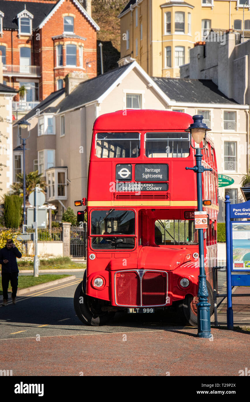 Vintage Routemaster double decker bus on the seafront in Llandudno ...