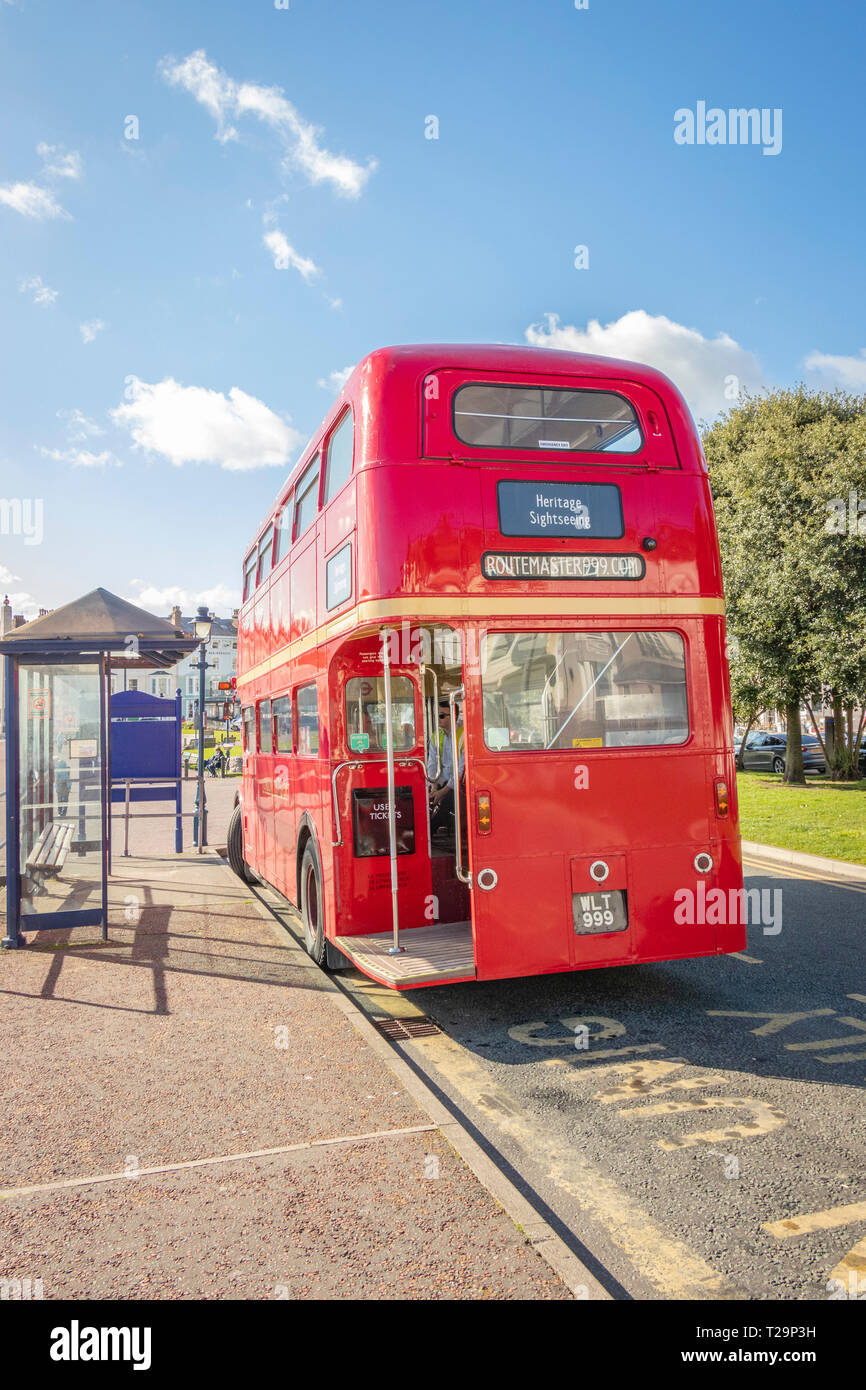 Vintage Routemaster double decker bus on the seafront in Llandudno ...