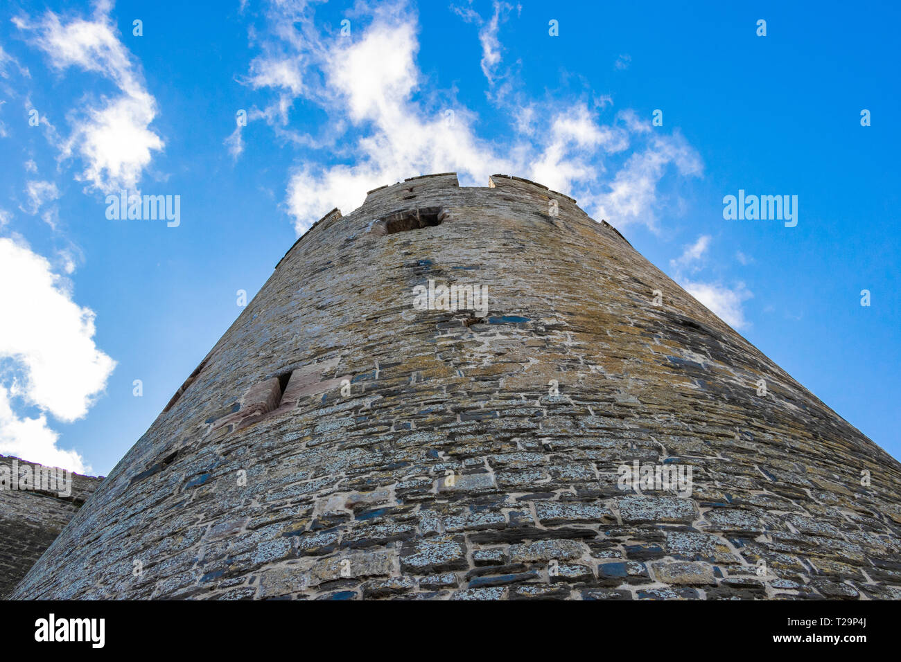 perspective view looking up a stone tower of Conwy Castle North wales ...