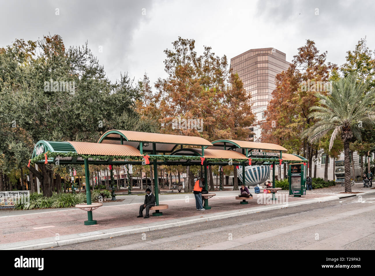ORLANDO, FLORIDA, USA - DECEMBER, 2018: Lymmo Bus stop at The Orange ...