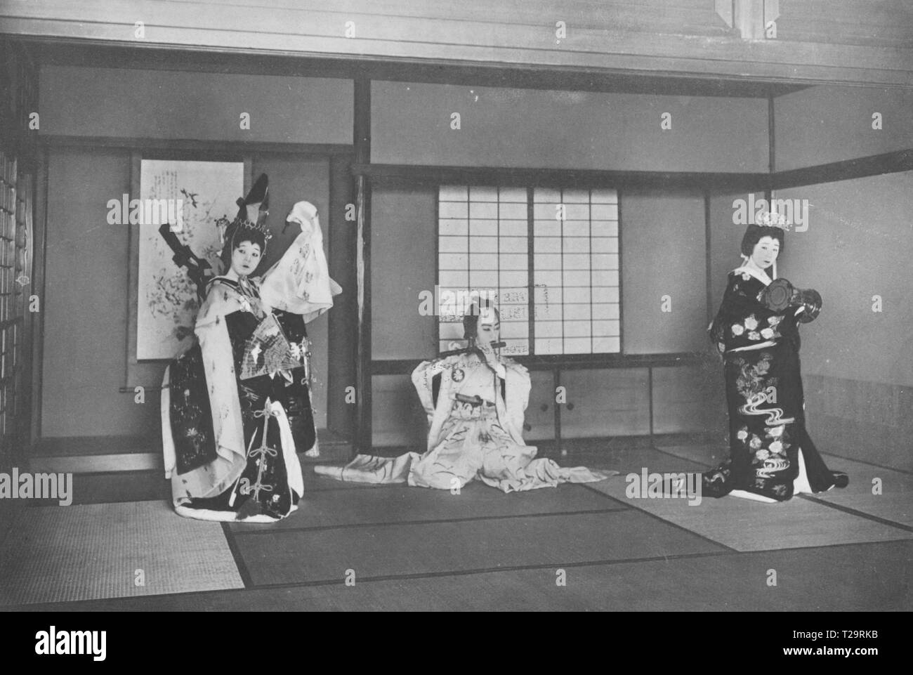 Illustration of Japanese women in Geisha attire performing the Odori, a ...