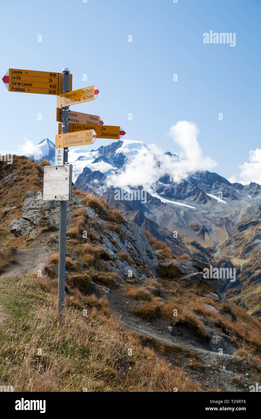 Directions signpost at Col Termin on the Haute Route between Mont-Fort ...