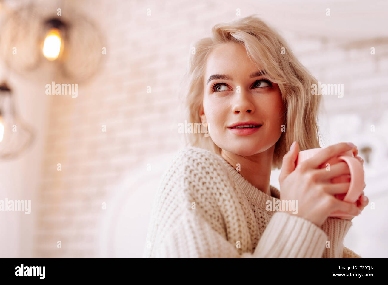 Beautiful woman with natural makeup drinking tea at home Stock Photo ...