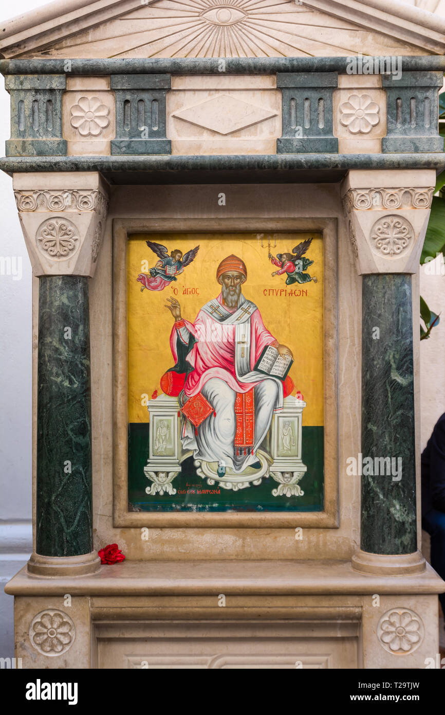 Icon of the patron saint of Corfu Town, Saint Spyridon in front of the ...
