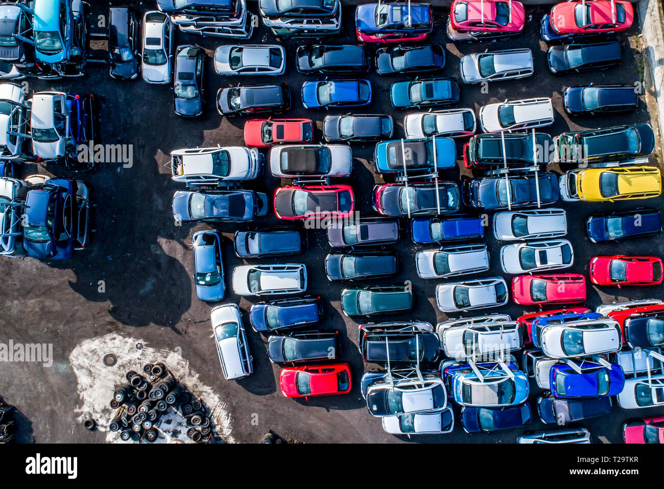 Lines of crushed cars wreck - in scrapyard before being shredded ...