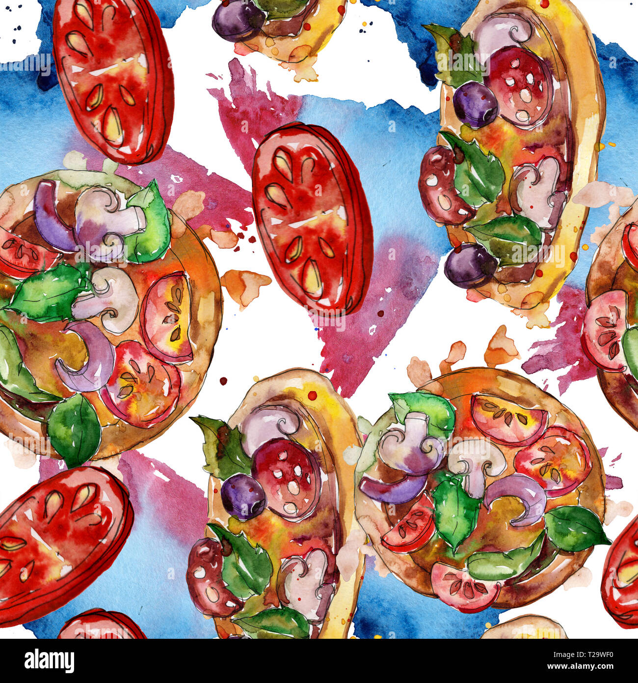 Fast food itallian pizza in a watercolor style isolated set ...