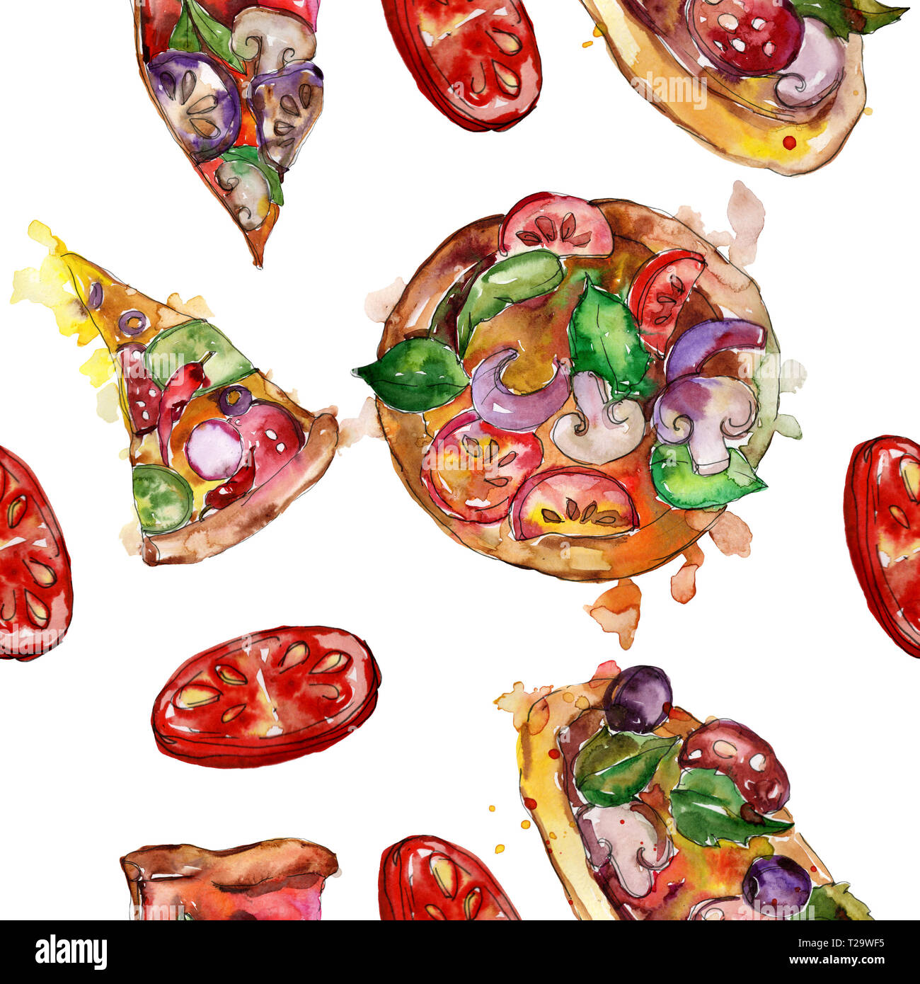 Fast food itallian pizza in a watercolor style isolated set ...