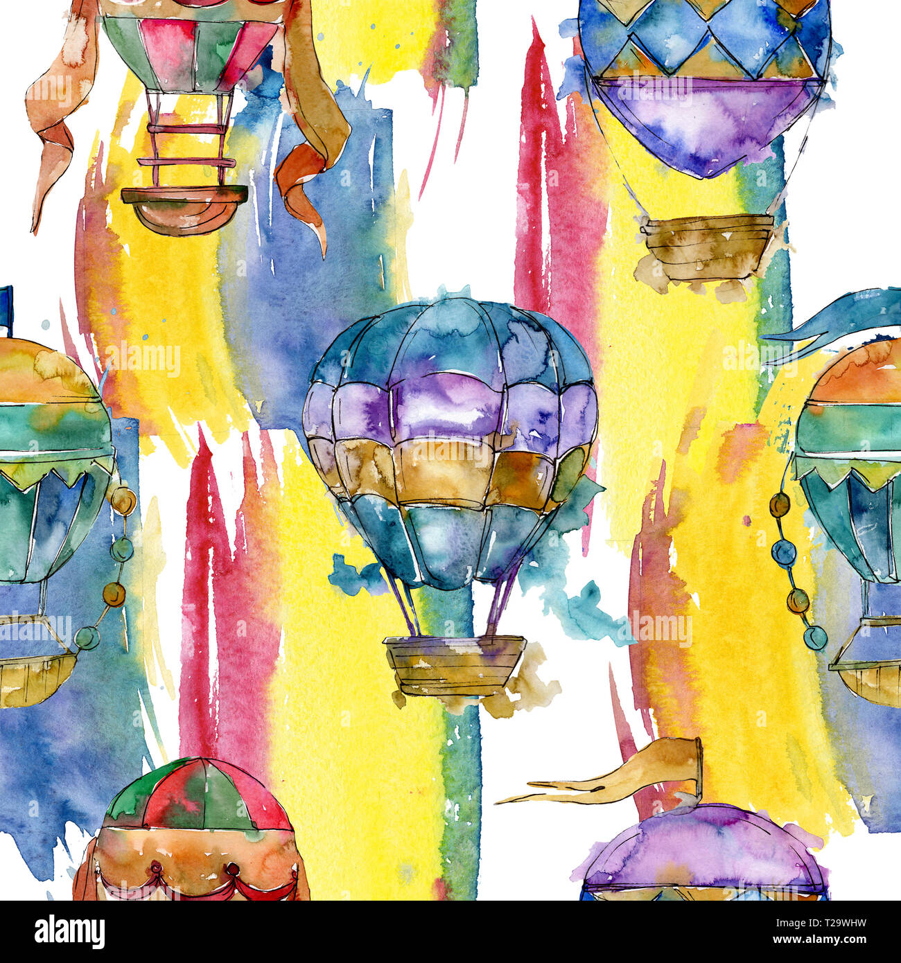 Hot air balloon background fly air transport. Watercolor background set ...
