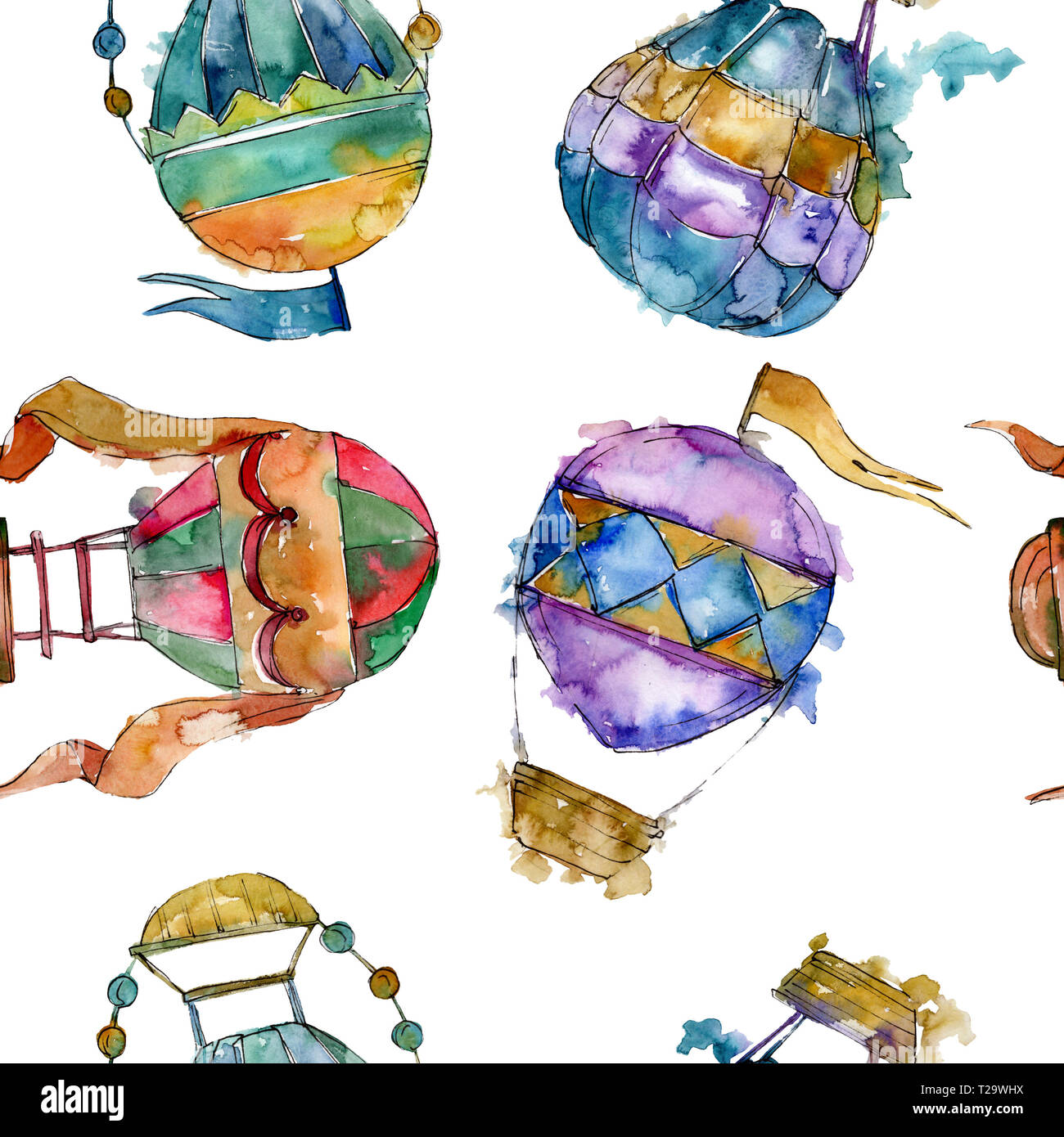 Hot air balloon background fly air transport. Watercolor background set ...