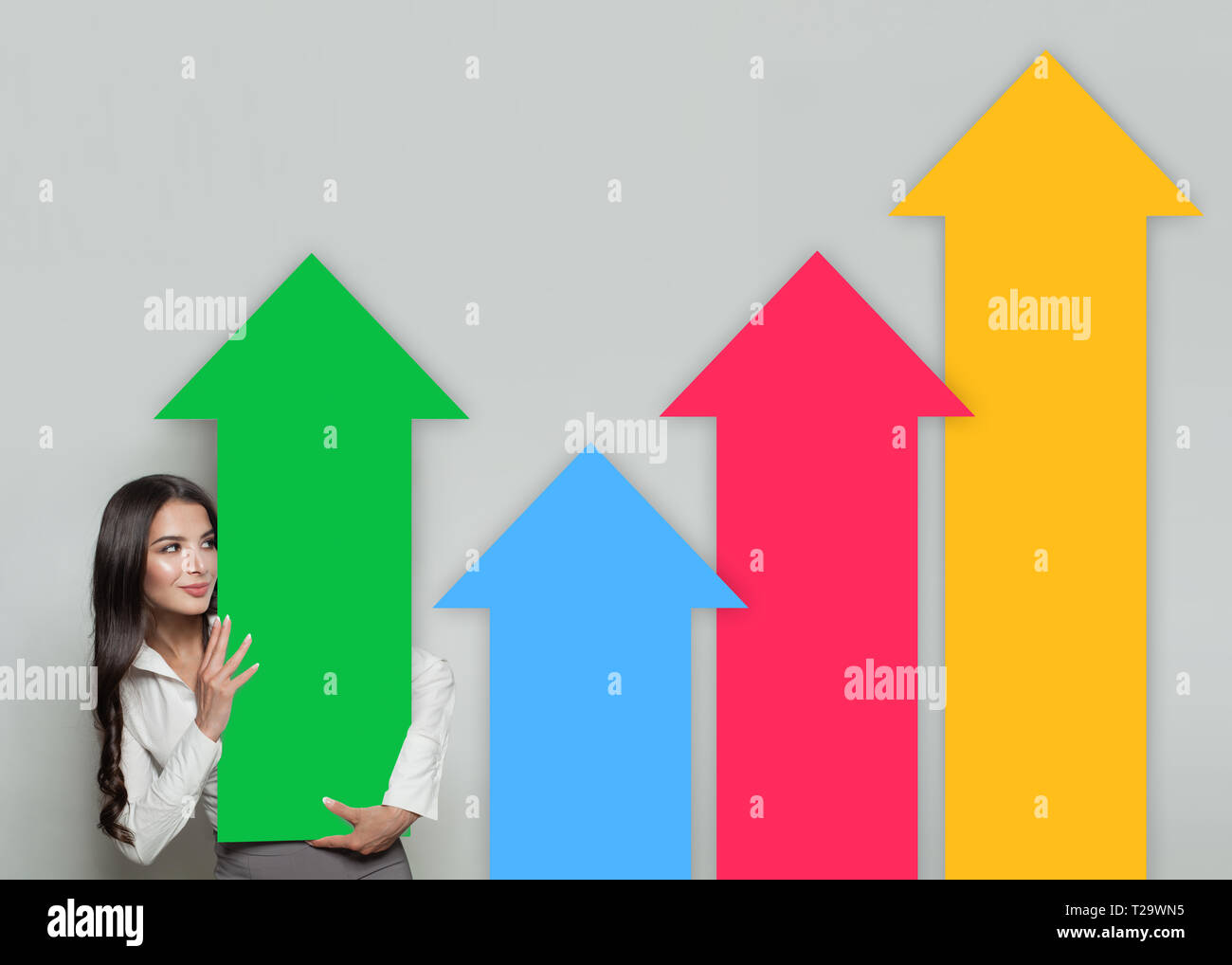 Business Woman with Colorful Rising Arrow. Business Success and Shares ...