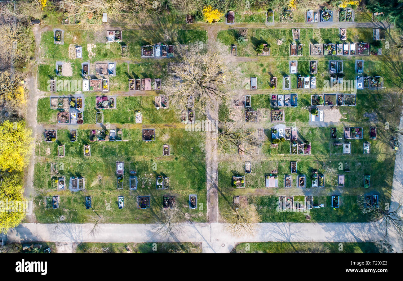 Aerial drone view of a church graveyard cemetary in Germany Stock Photo ...