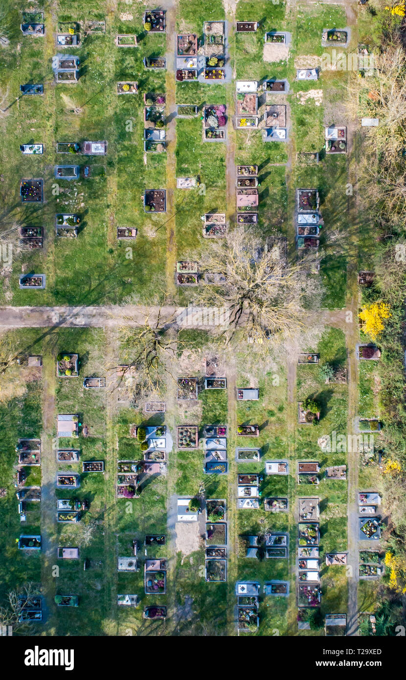 Aerial drone view of a church graveyard cemetary in Germany Stock Photo ...