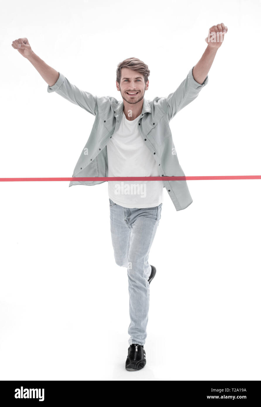 businessman running at the finish line isolated on white background ...