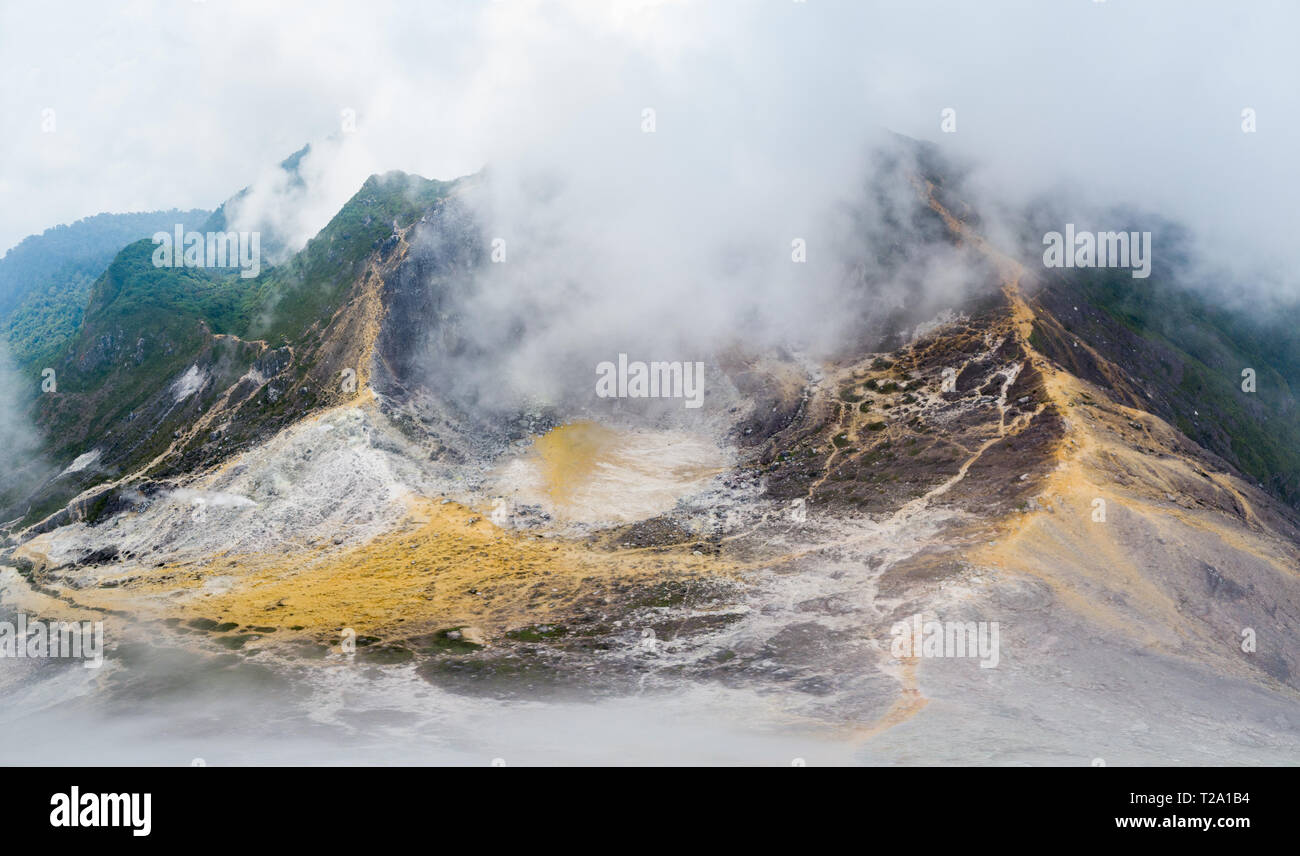 Aerial view Sibayak volcano, active caldera steaming, travel ...