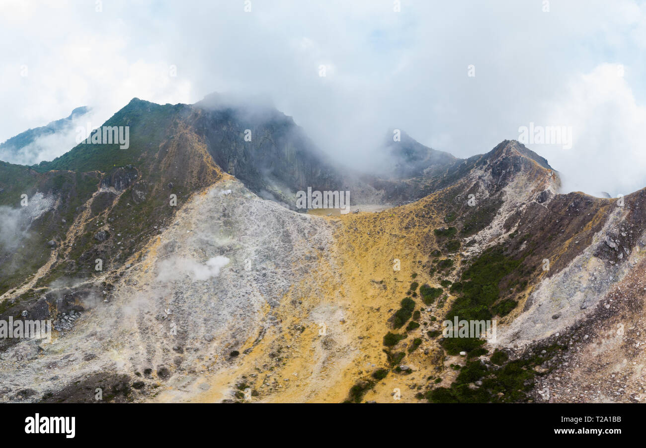 Aerial view Sibayak volcano, active caldera steaming, travel ...