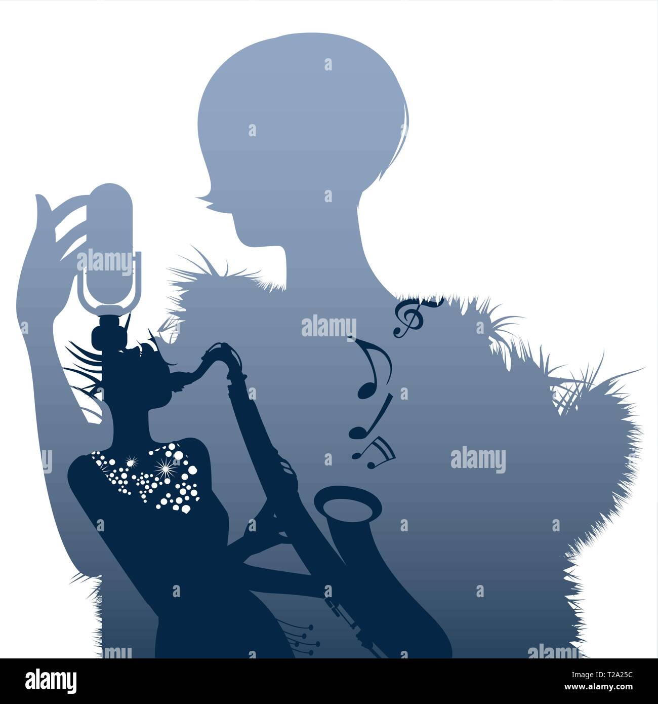 Silhouette of woman singer and woman playing the saxophone inside ...