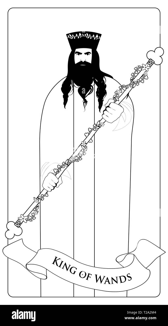 Outlines King of Wands with crown and symbolic trefoil, holding a rod ...