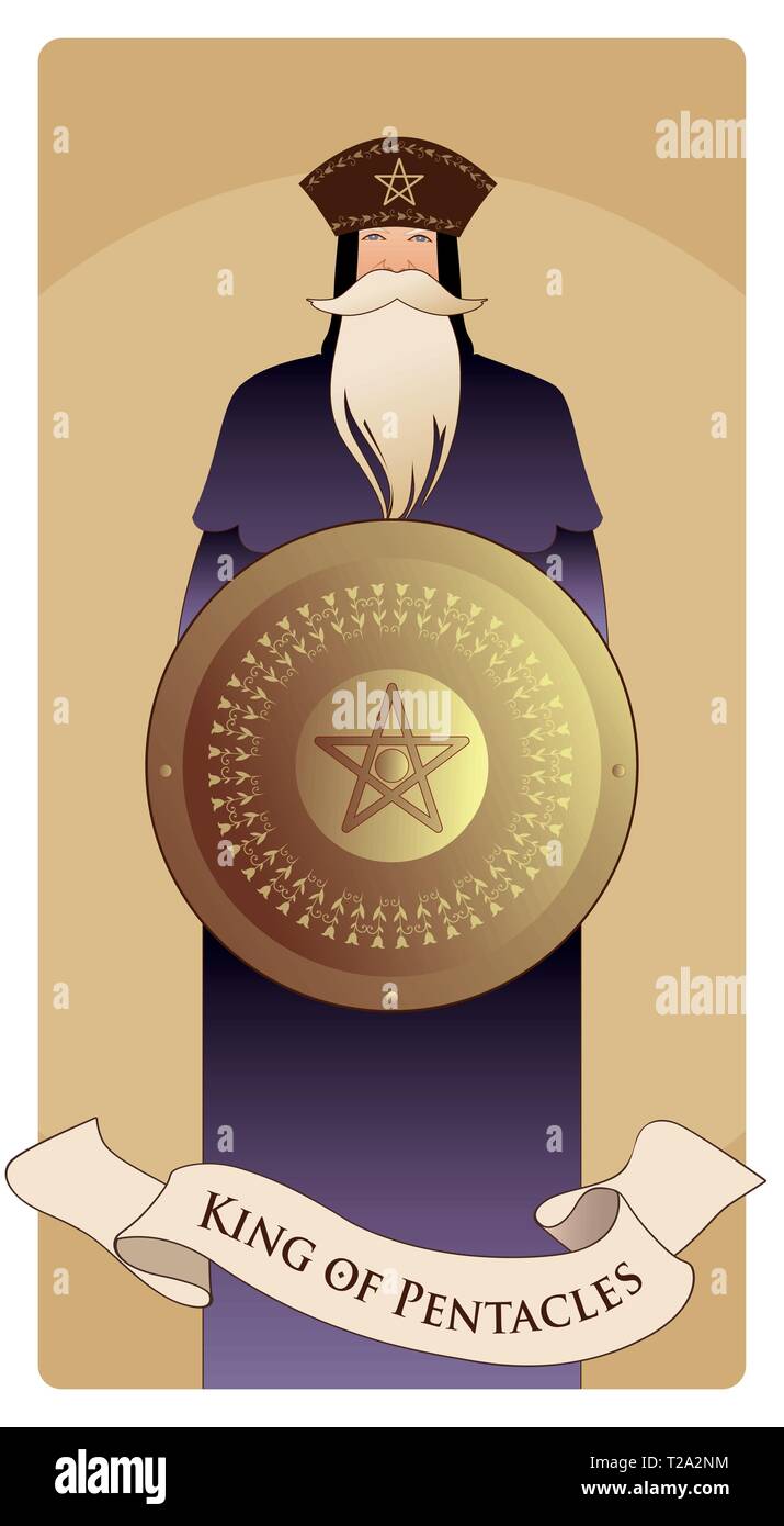 King of Pentacles with crown and long beard holding golden shield with ...