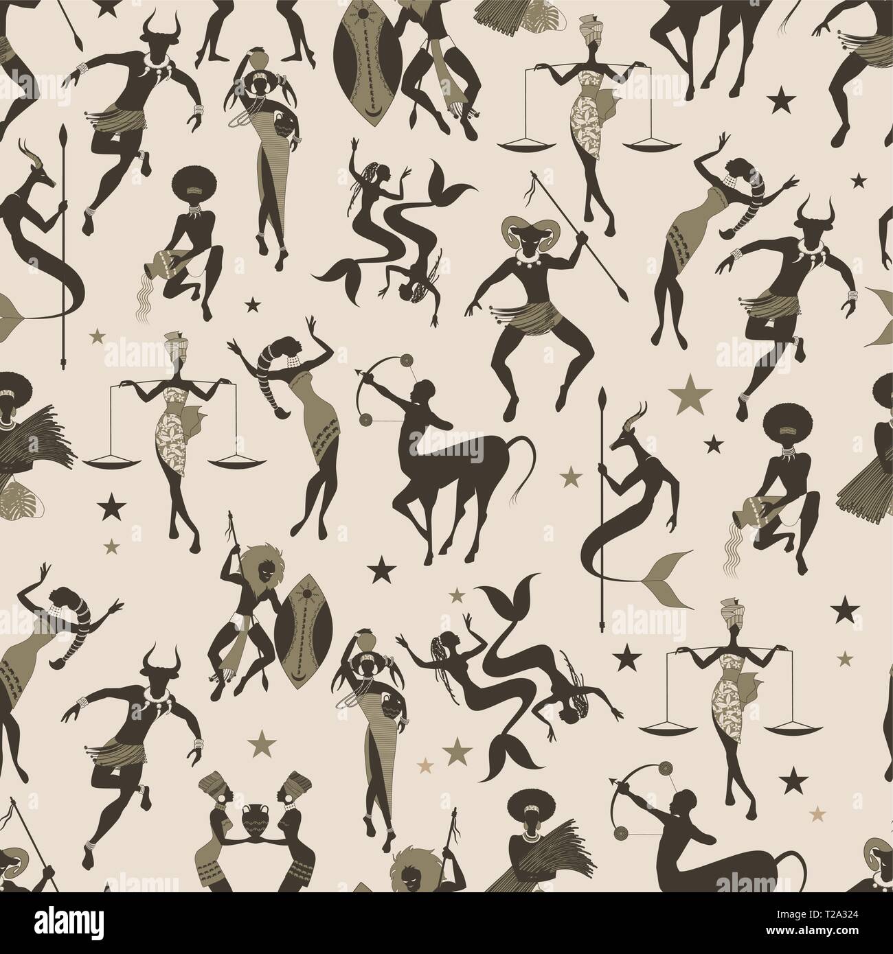 Seamless pattern of zodiac signs in the style of African tribal symbols ...
