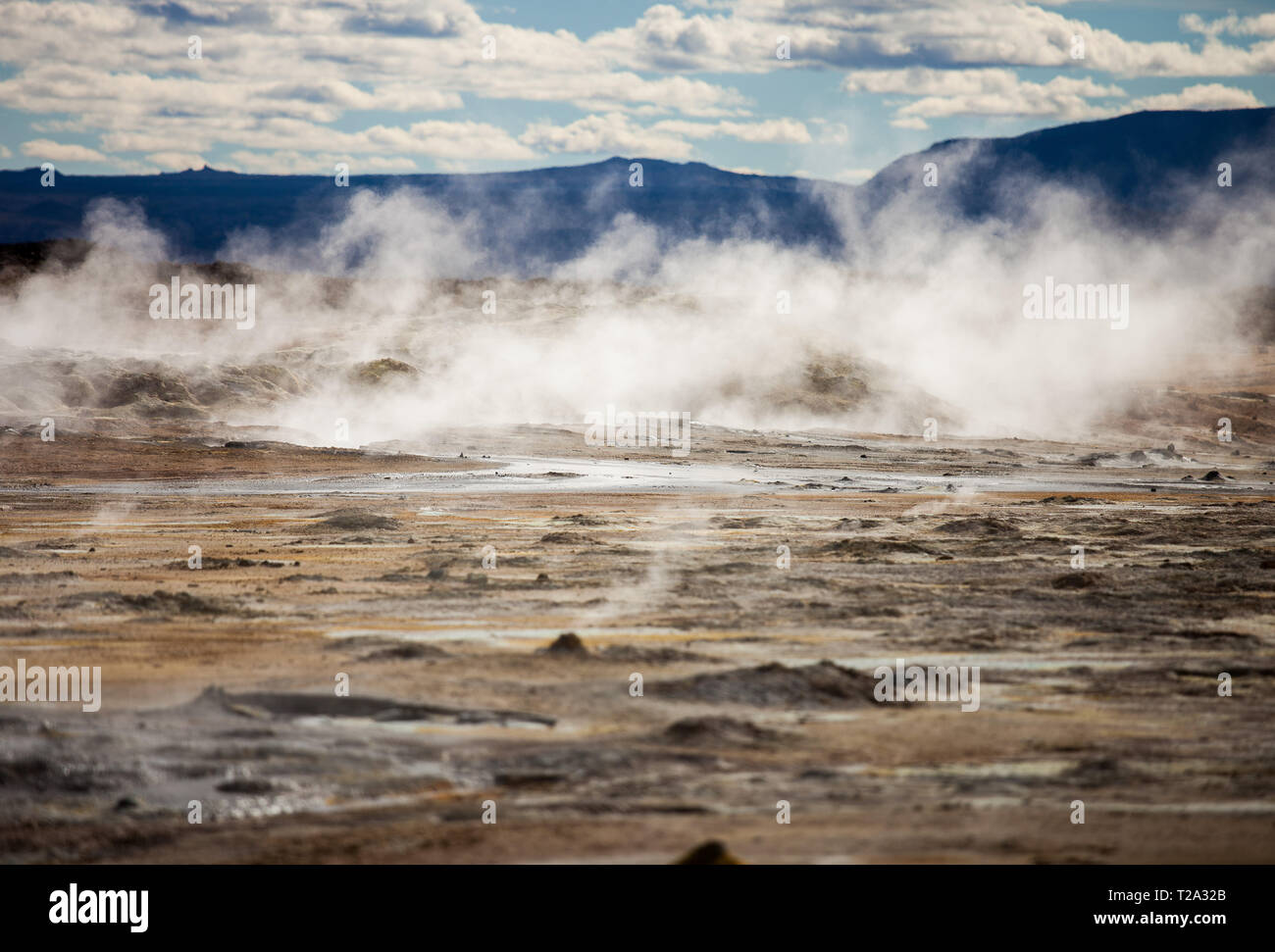Iceland geothermal. Namafjall - area in field of Hverir. Landscape ...