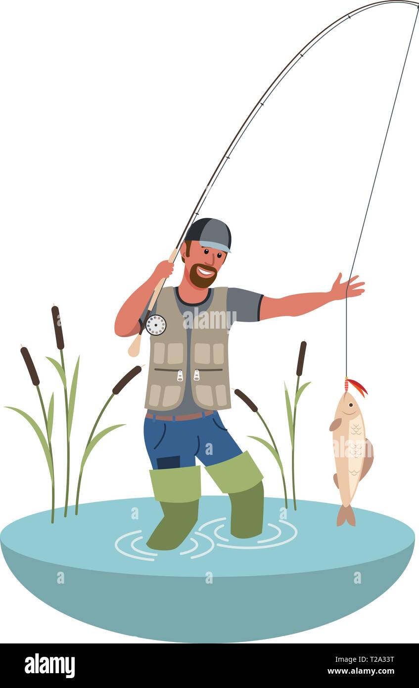 Vector Fishing. Fisherman with big fish. Flat style colorful Cartoon ...