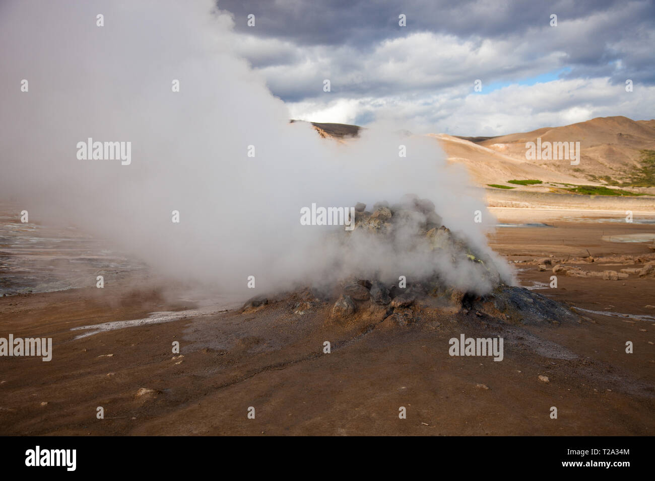 Iceland geothermal. Namafjall - area in field of Hverir. Landscape ...