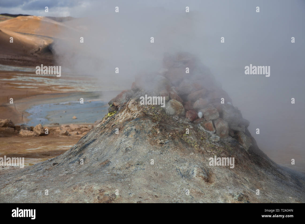 Iceland geothermal. Namafjall - area in field of Hverir. Landscape ...