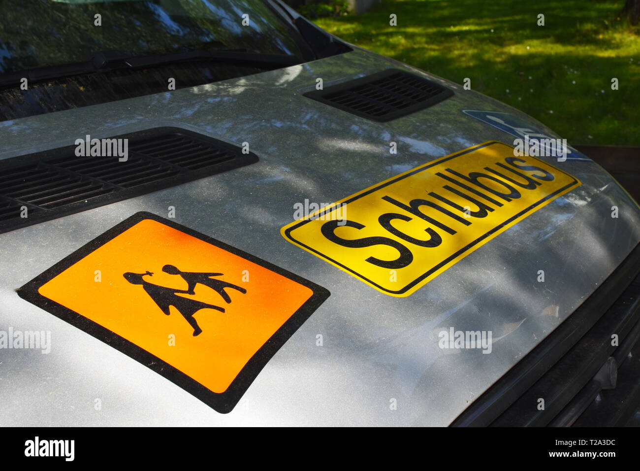Close-up of signs on a school bus for handicapped children in Germany ...