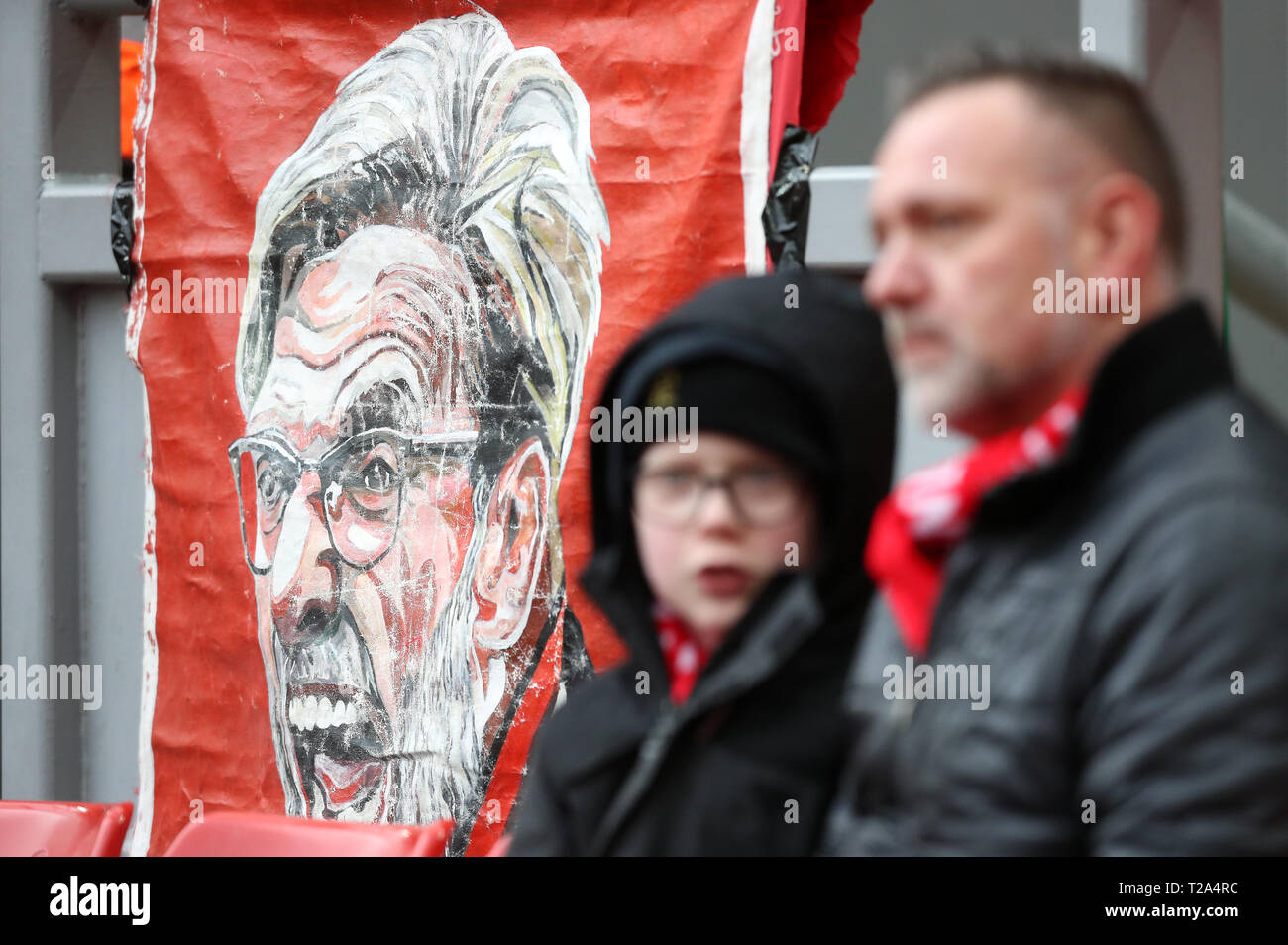 A banner of Liverpool manager Jurgen Klopp during the Premier League ...