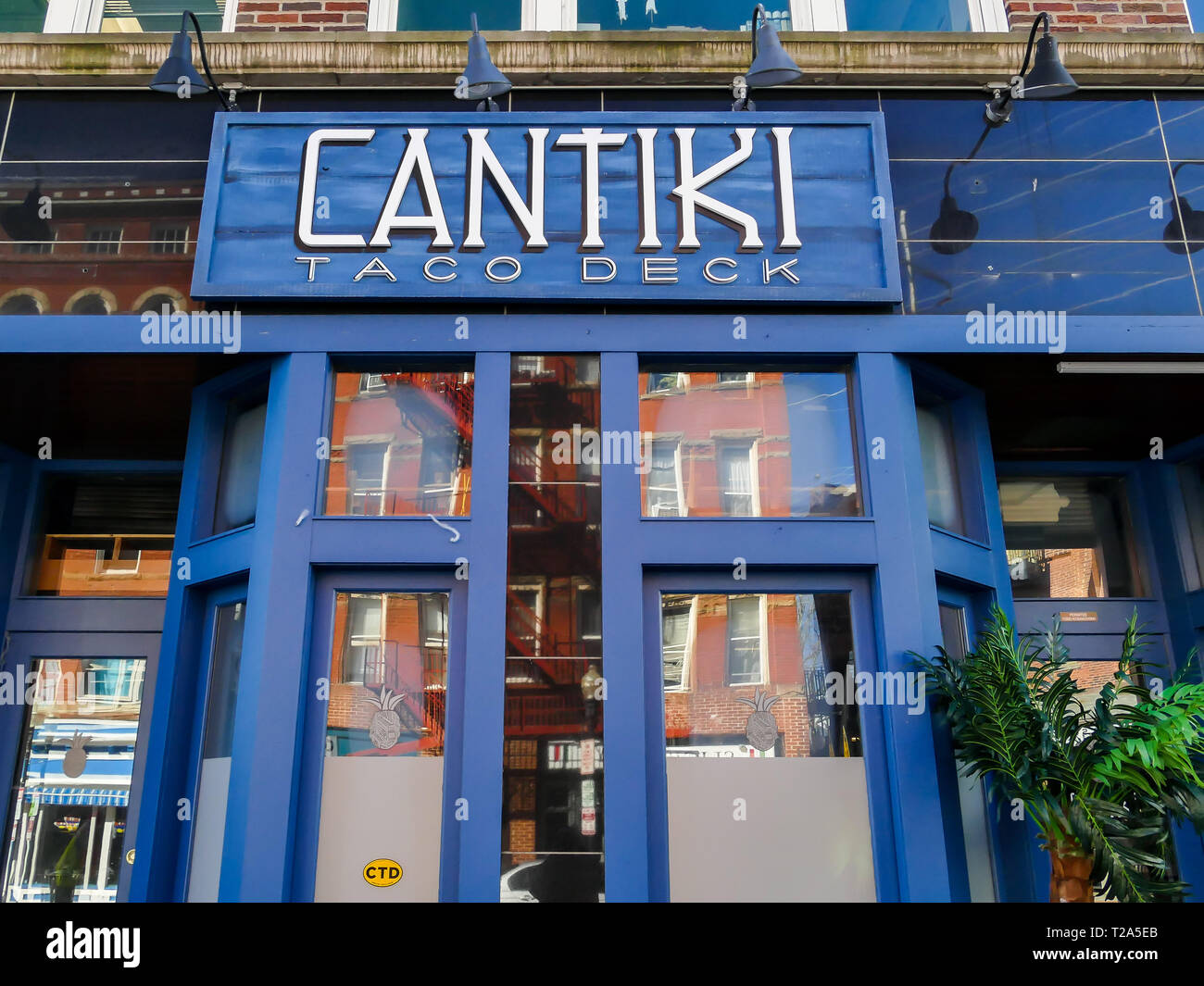 NORWALK, CT, USA - MARCH 26, 2019: Cantiki taco deck restaurant sign on ...