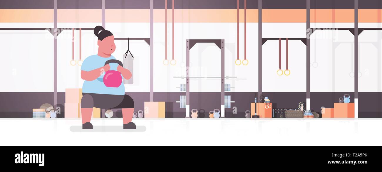 fat obese woman doing exercises with kettlebell overweight fatty girl ...