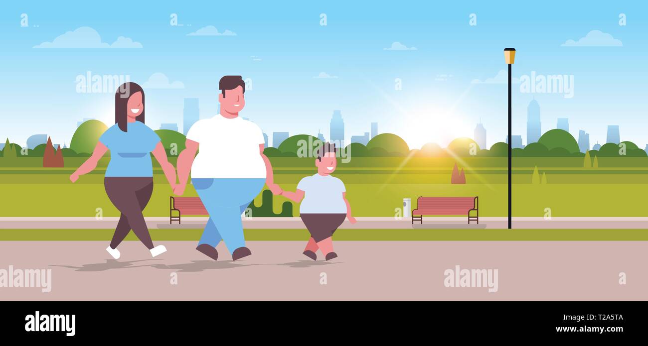 over size family walking together urban park overweight father mother ...