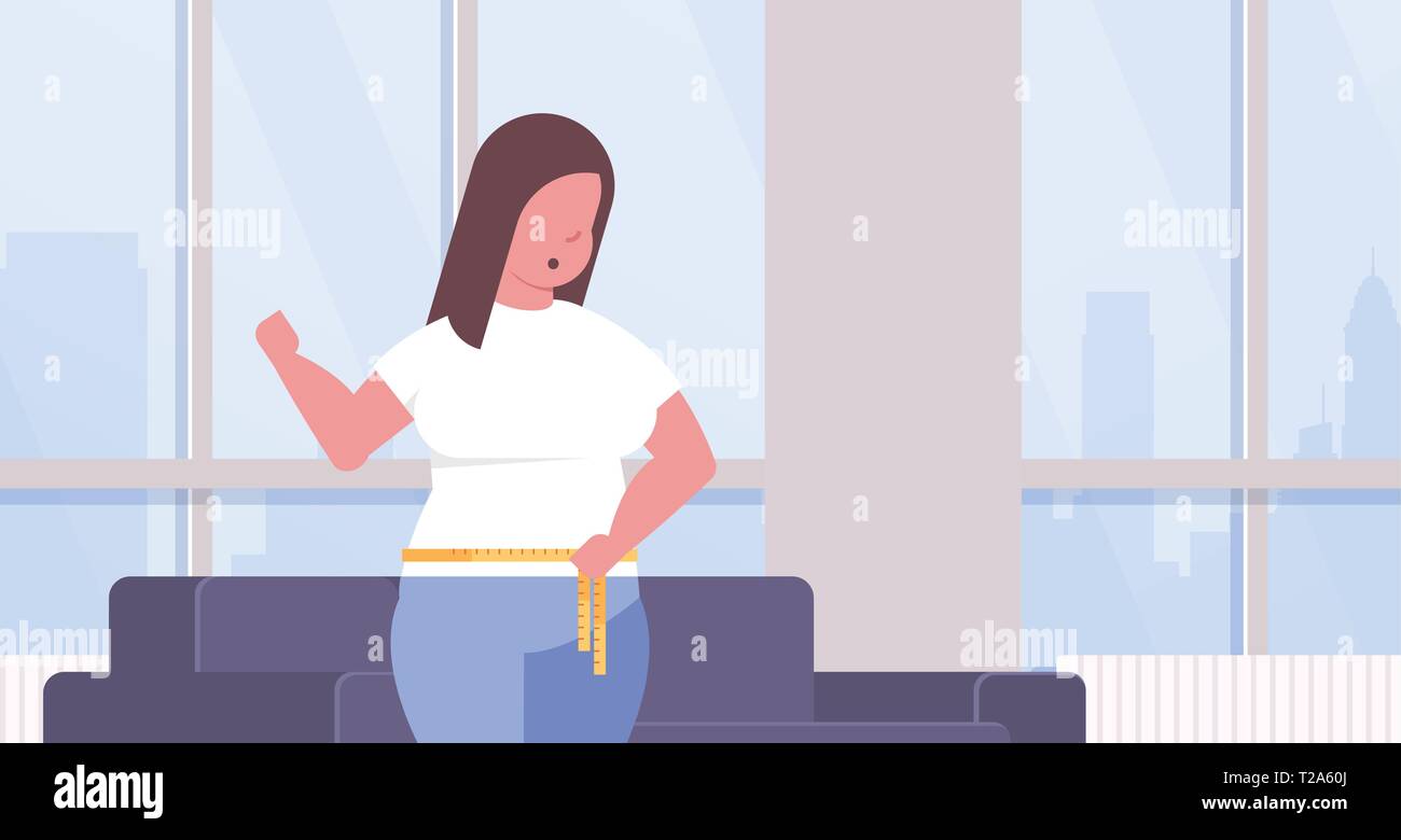 fat obese woman measuring her waistline overweight girl using tape ...