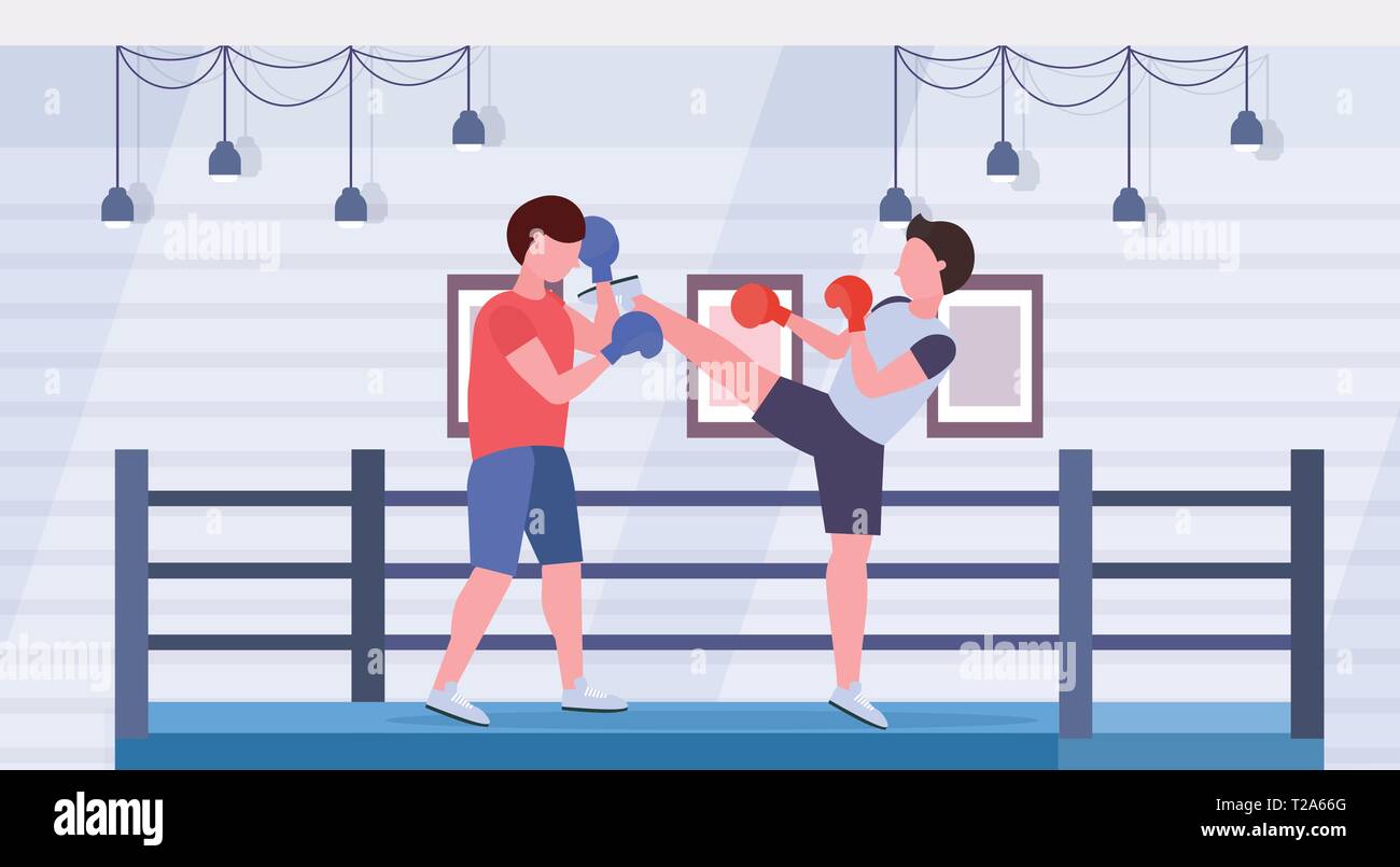 two boxers training kick boxing exercises fighters in gloves practicing ...