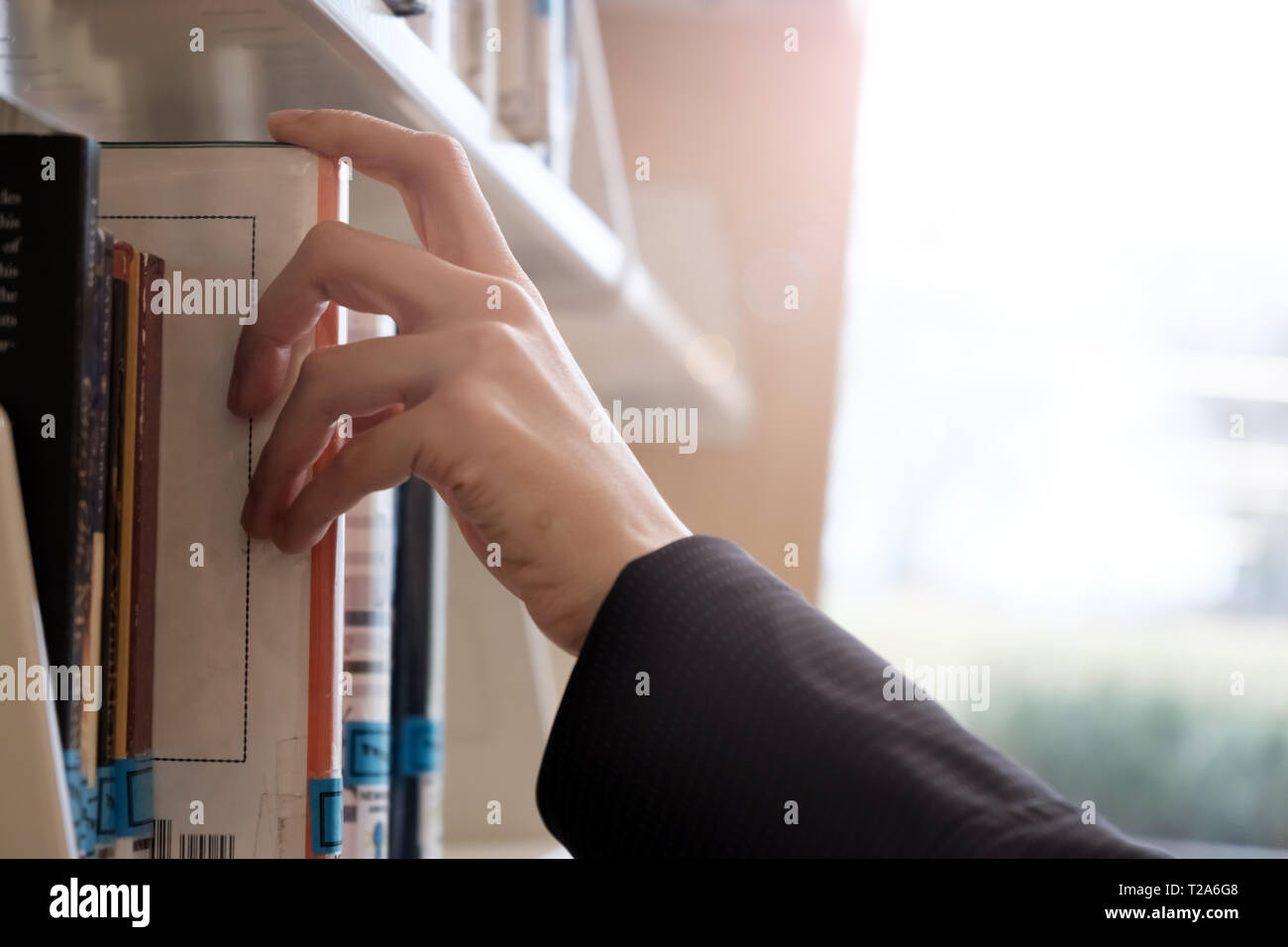 Choosing book in library for reading concept Stock Photo - Alamy