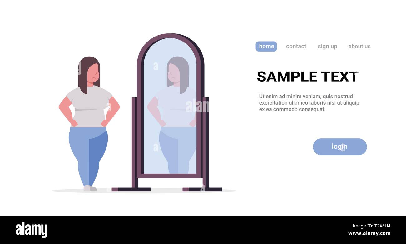 Sad Overweight Woman Looking At Herself Reflection In Mirror Obese Girl