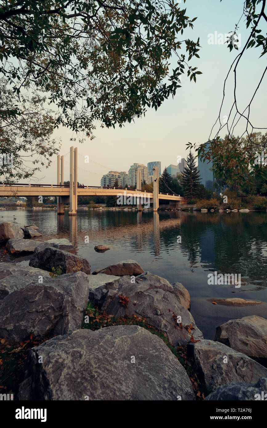 Bridge over Bow River with rock in Prince's Island, Calgary, Canada ...