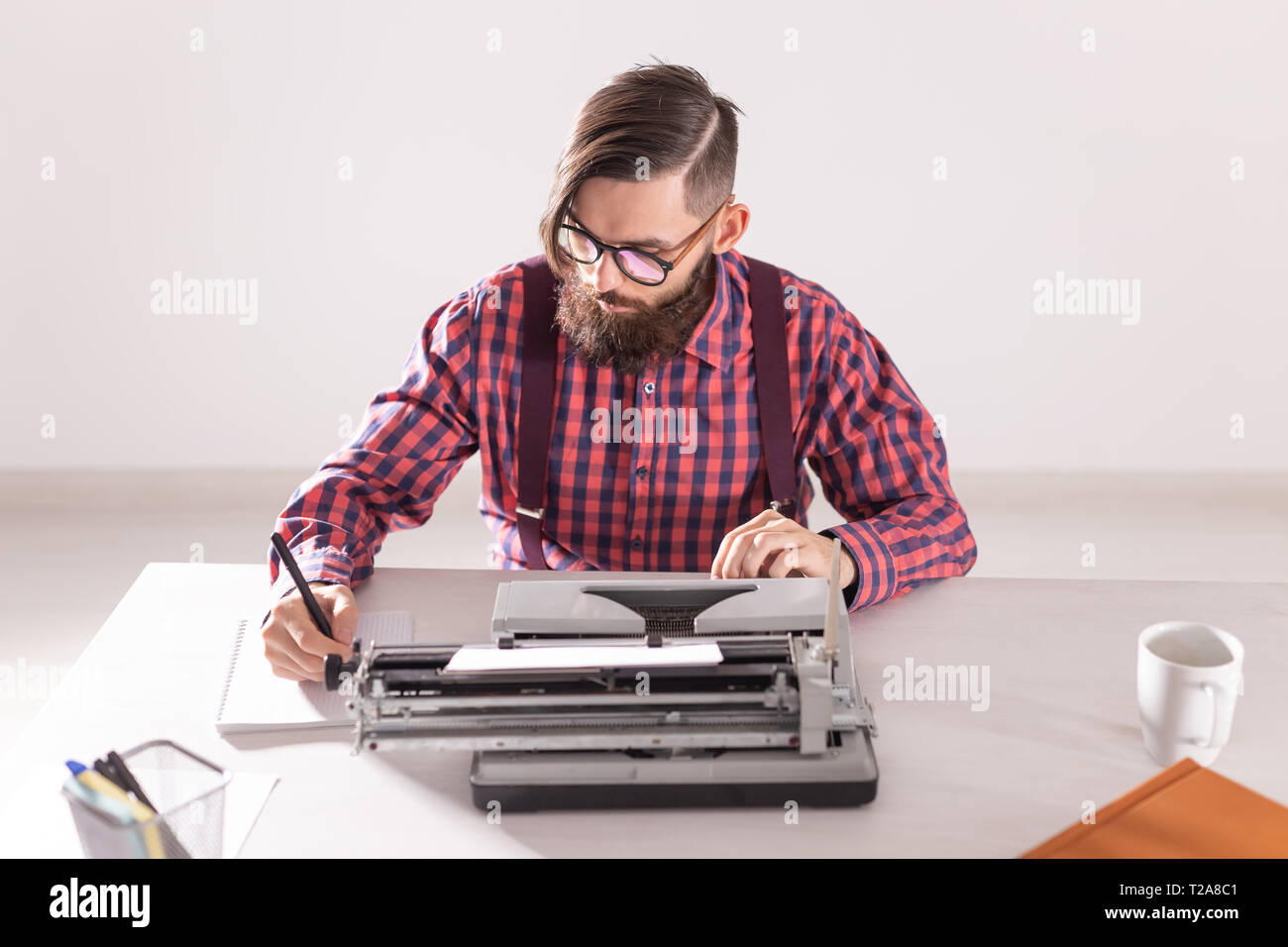 people, world day of writer and hipster concept - young stylish ...