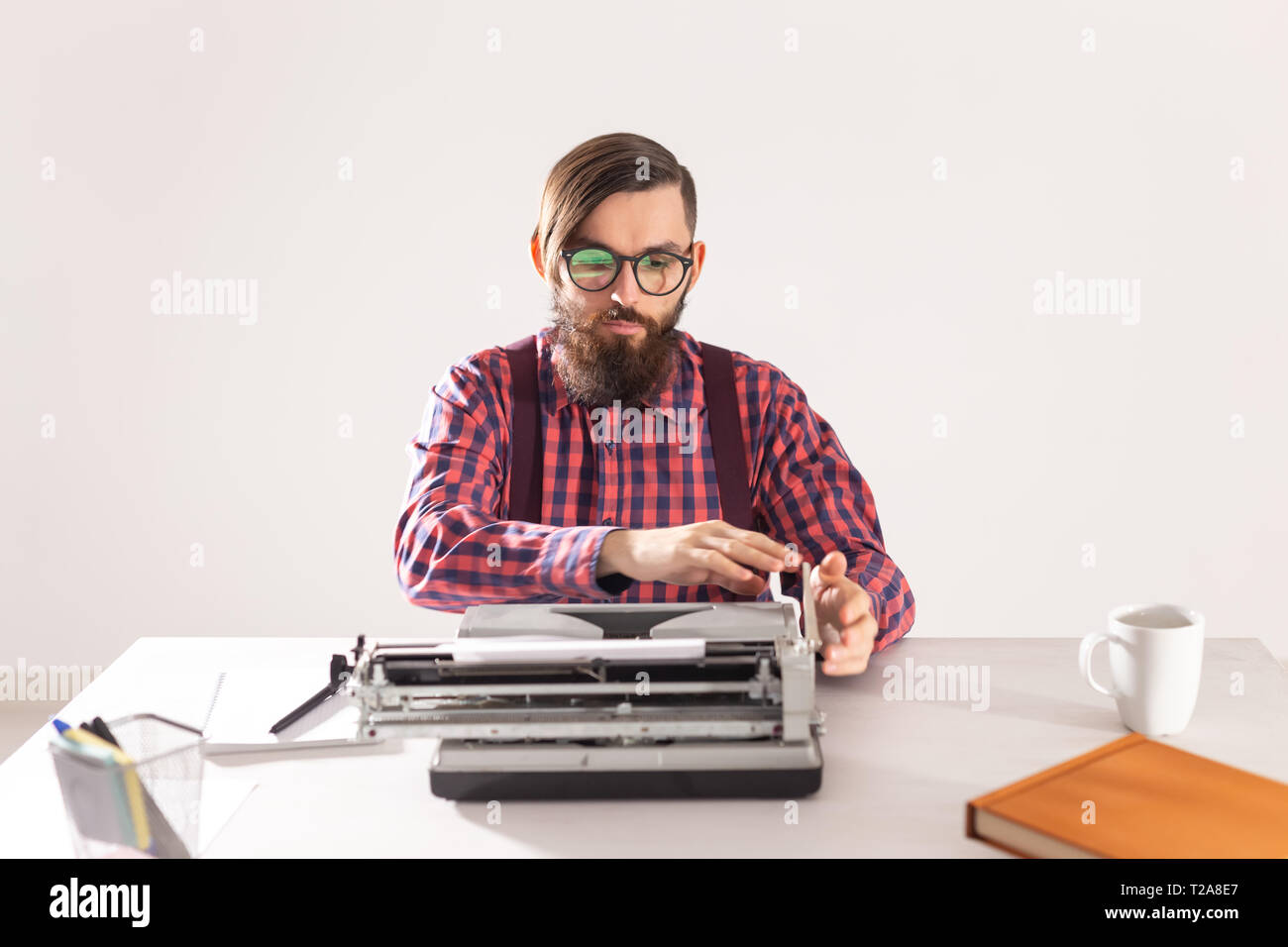 People and technology concept - Portrait of writer working on ...