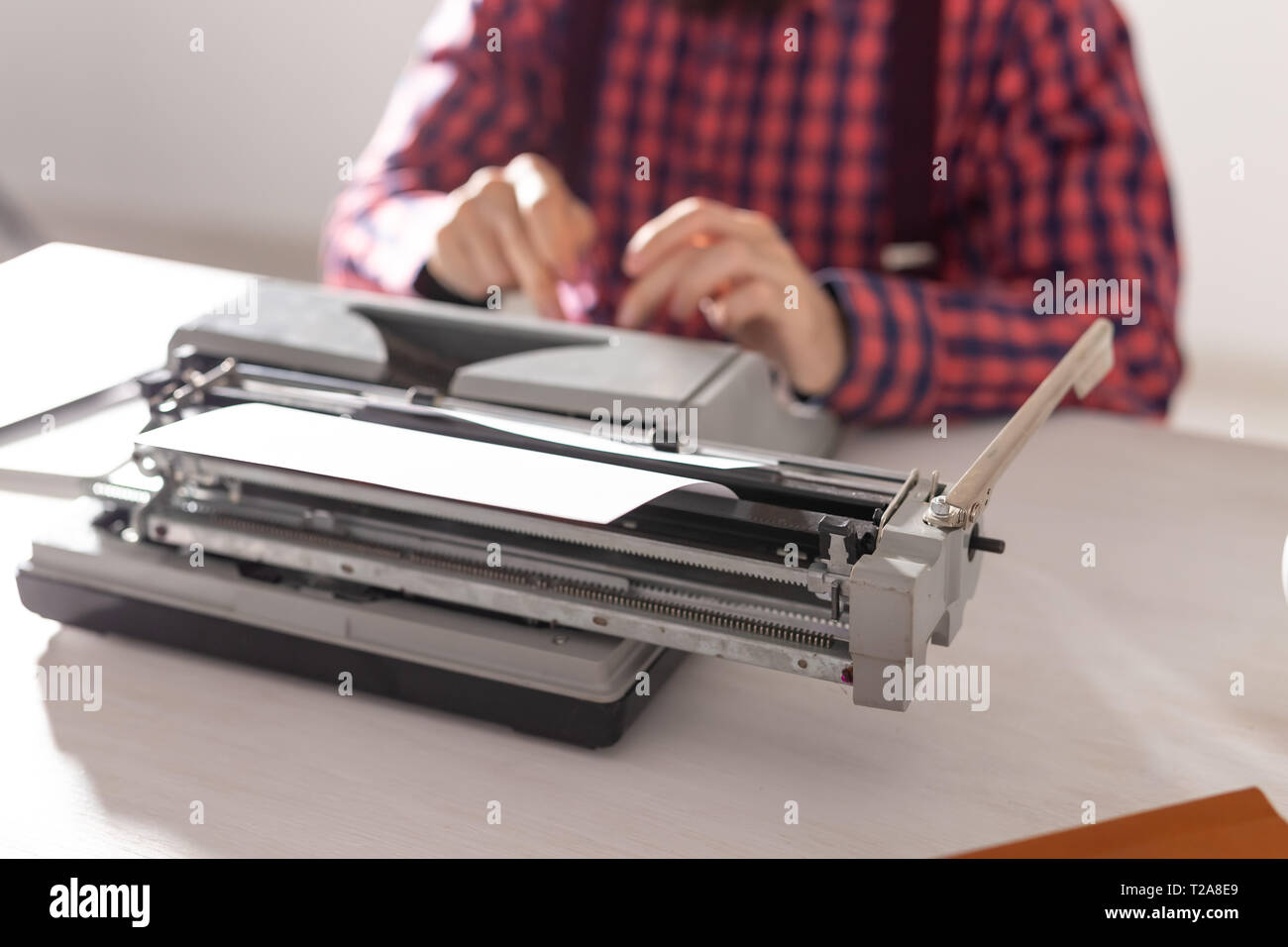 People and technology concept - Portrait of writer working on ...