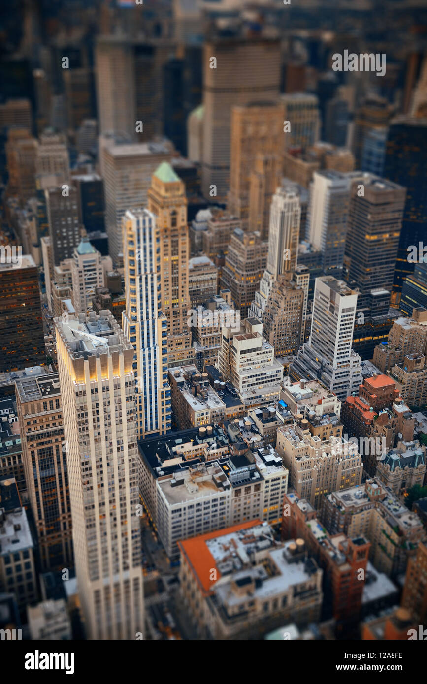 Midtown skyscraper buildings rooftop view tilt-shift in New York City ...