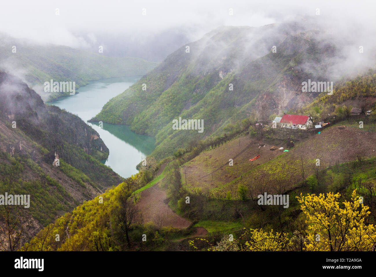 Lake Koman, Shkodër County, Albania : High angle view of farms and ...