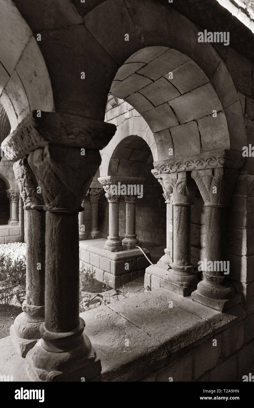 Hallway in Romanesque monastery in village in Pueblo Espanol Barcelona ...