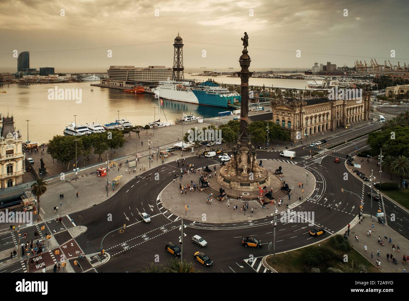 The Monument of Christopher Columbus aerial view in Barcelona Spain ...