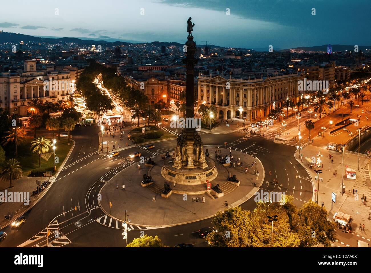 The Monument of Christopher Columbus aerial view at night in Barcelona ...
