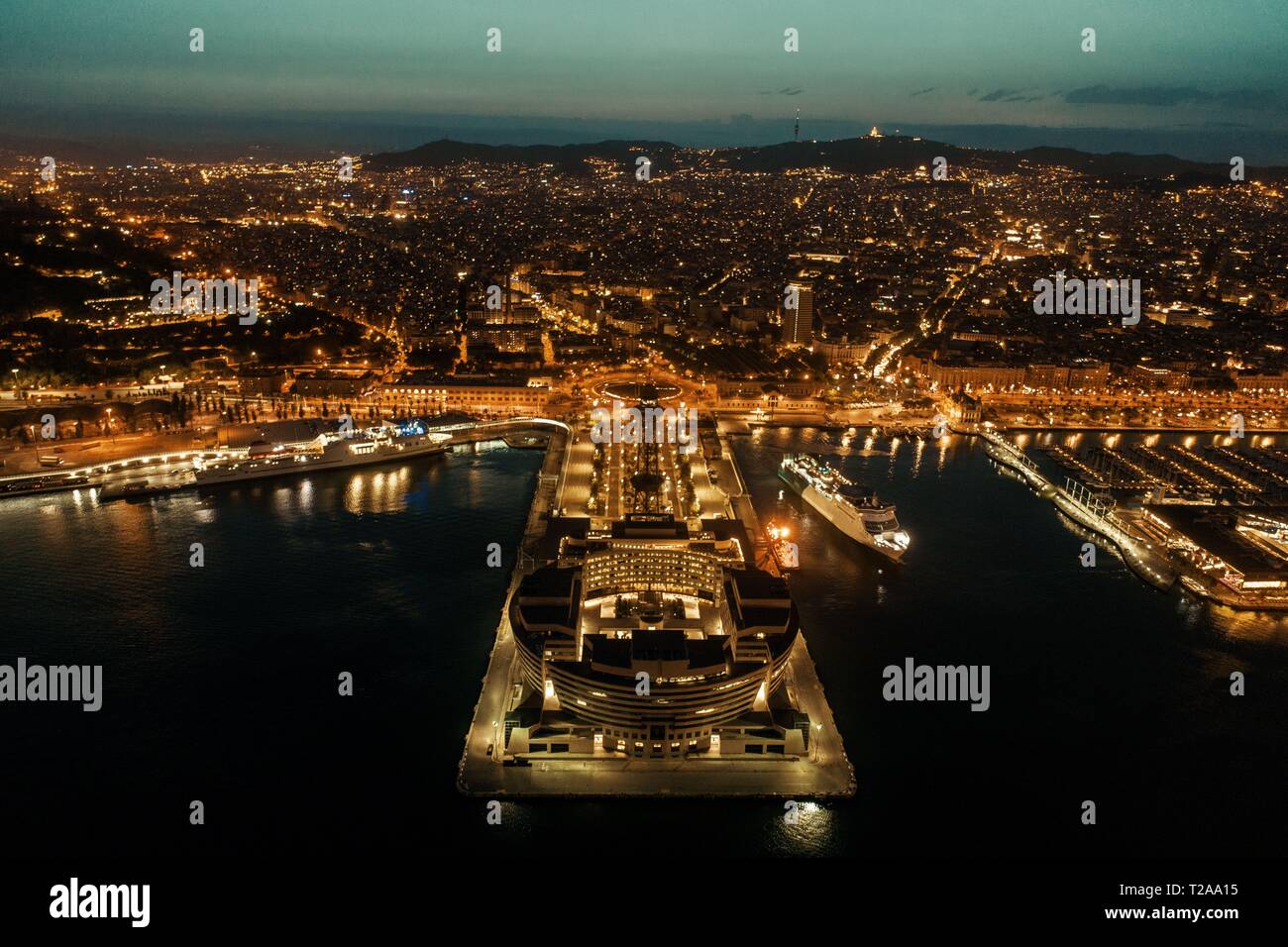 Barcelona coast pier aerial view at night in Spain Stock Photo - Alamy