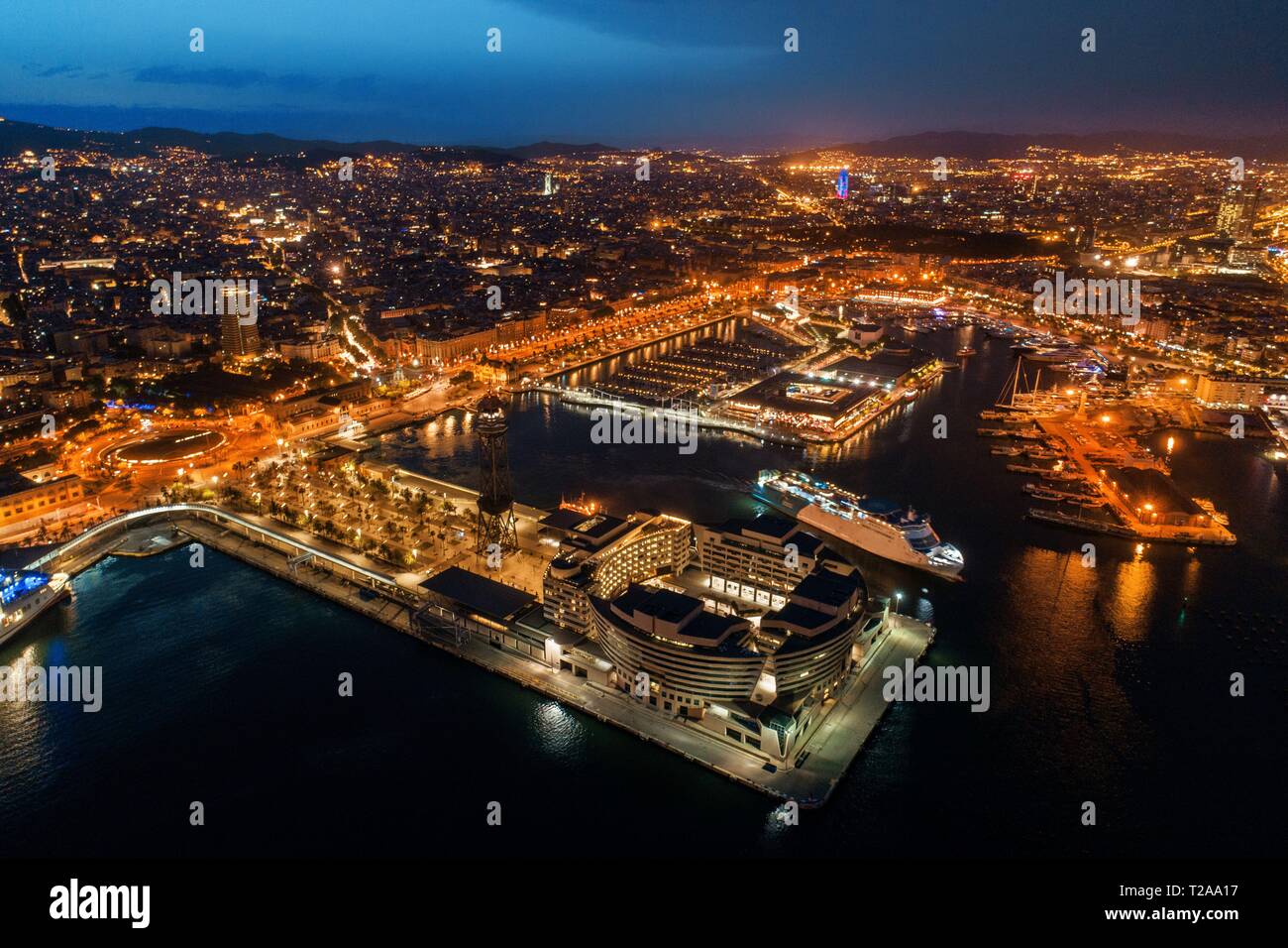 Barcelona coast pier aerial view at night in Spain Stock Photo - Alamy