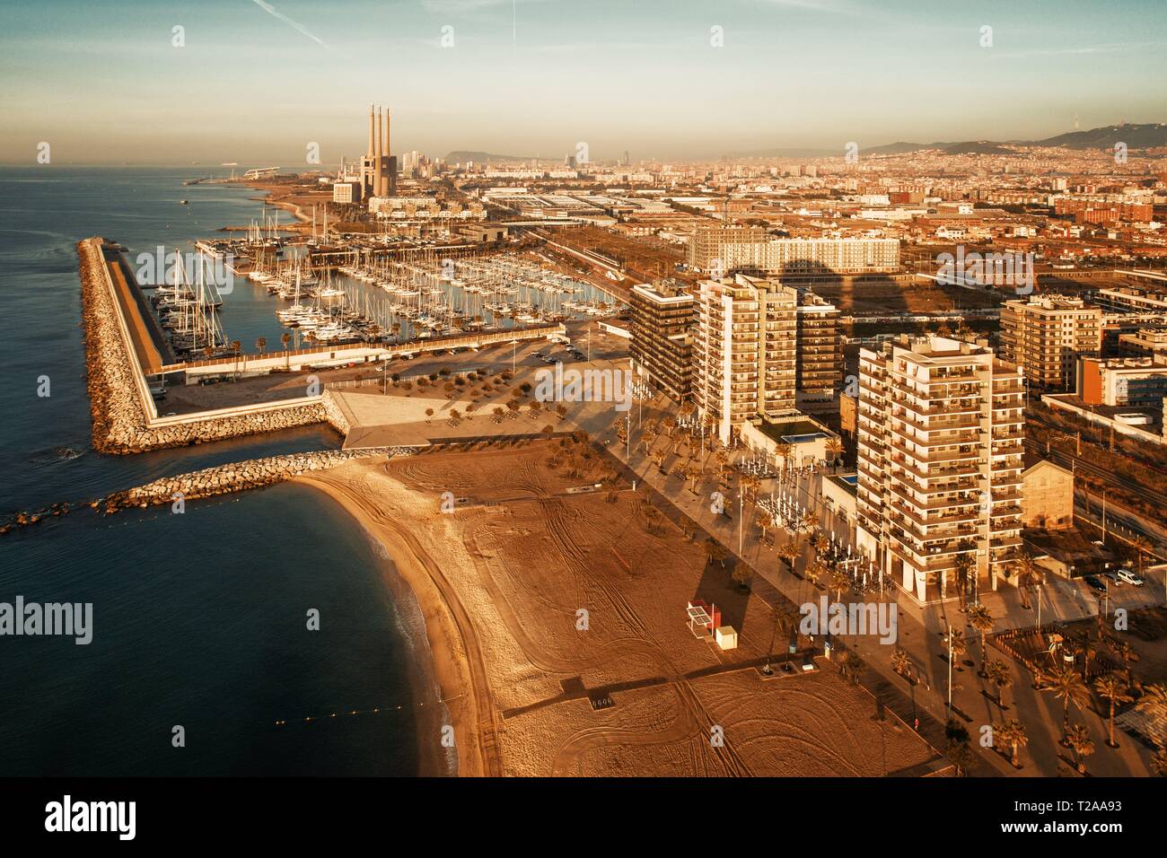 Barcelona coast pier aerial view in Spain at sunrise Stock Photo - Alamy