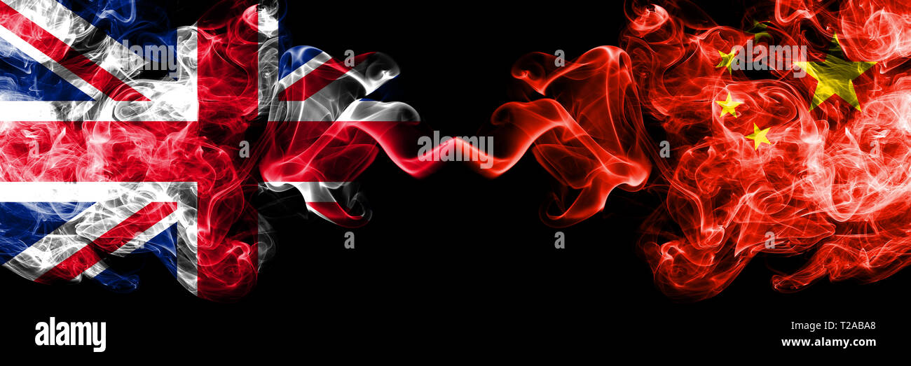 United Kingdom vs China, Chinese smoky mystic flags placed side by side ...